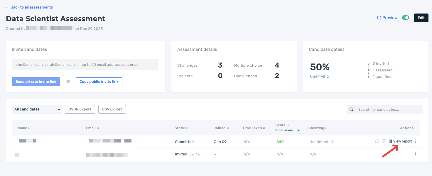 Assessment candidate report overview