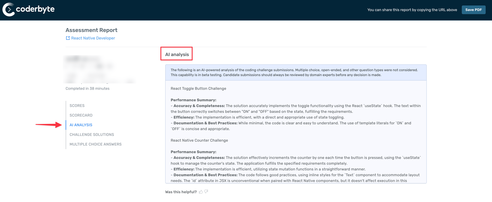 Assessment candidate report overview